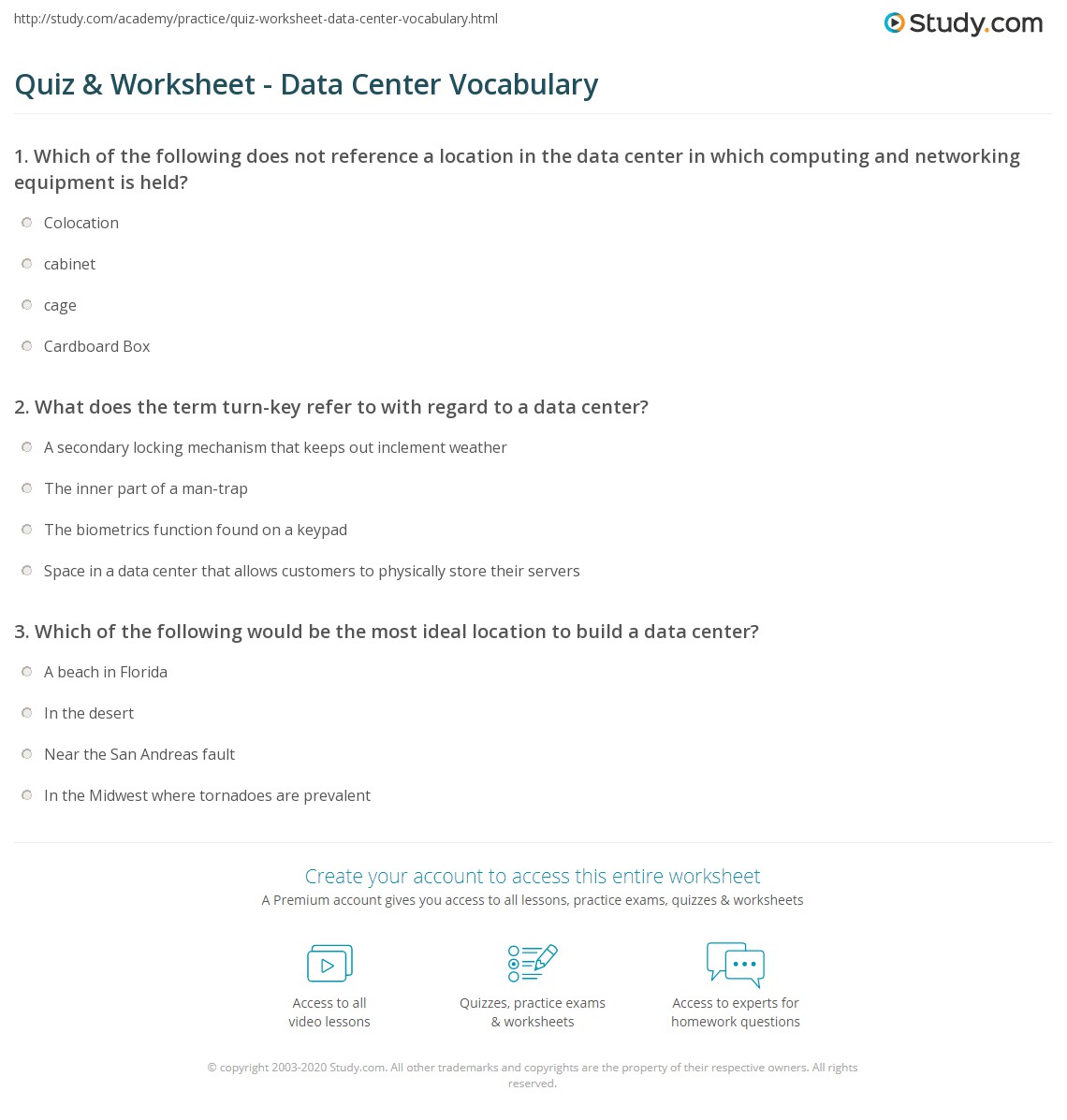 Quiz & Worksheet - Data Center Vocabulary | Study.com