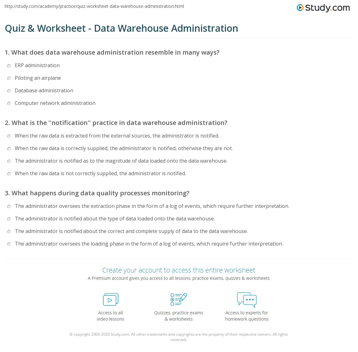 Quiz & Worksheet - Data Warehouse Administration | Study.com