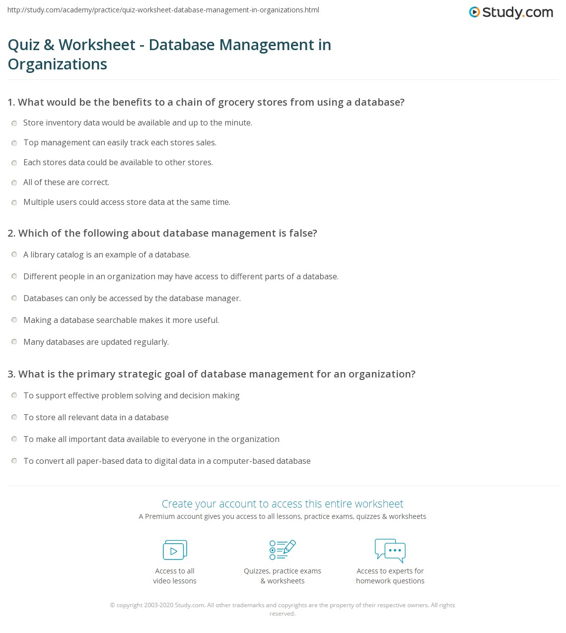 Quiz & Worksheet - Database Management in Organizations | Study.com