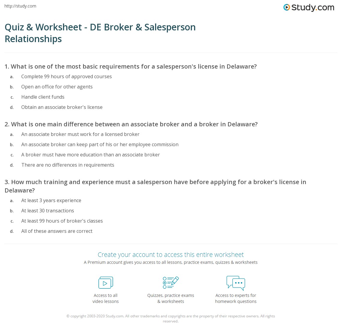 Quiz & Worksheet - DE Broker & Salesperson Relationships | Study.com