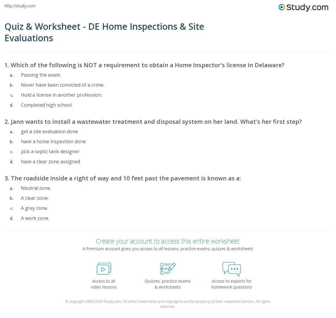 Quiz & Worksheet - DE Home Inspections & Site Evaluations | Study.com