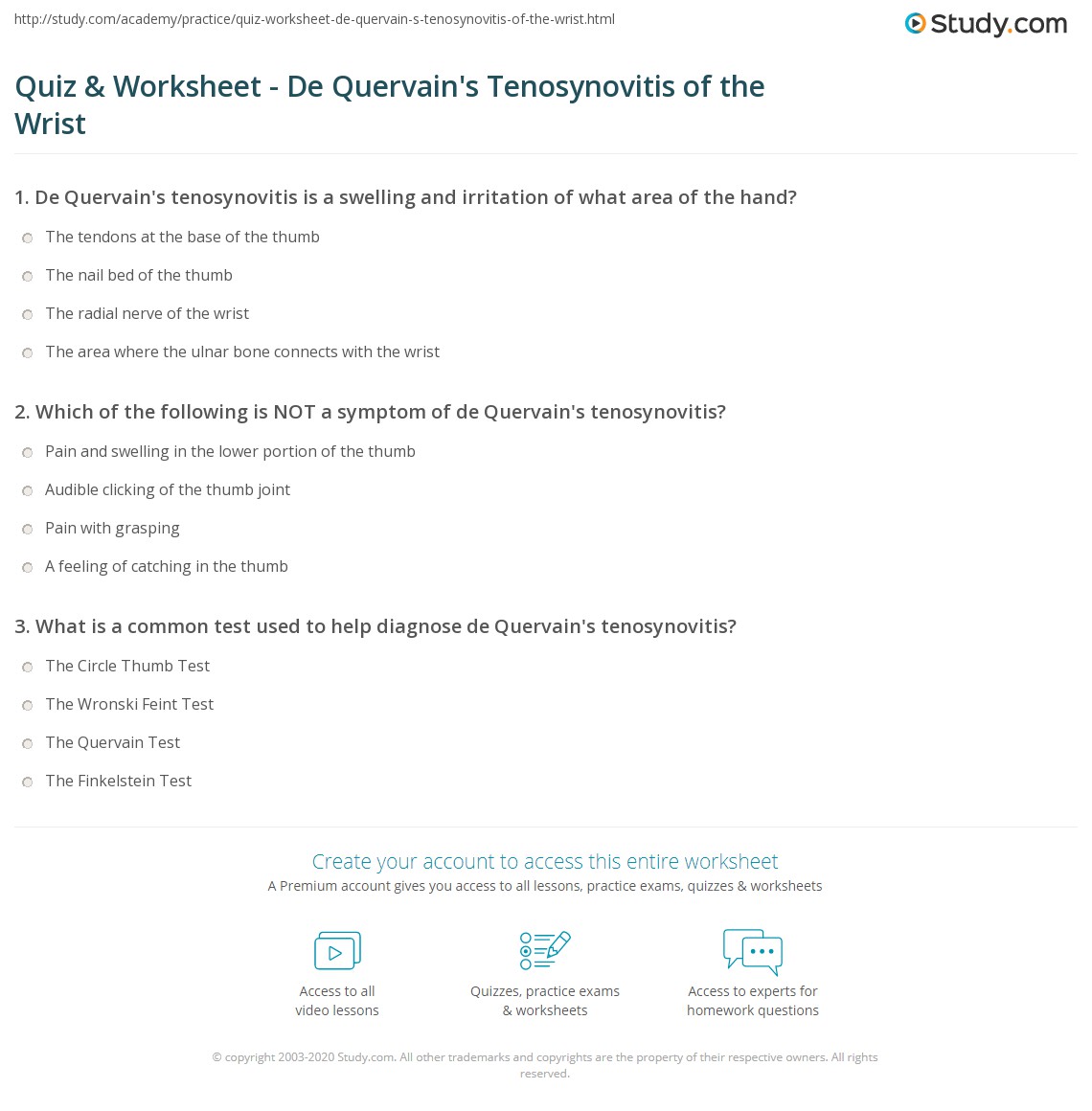 Quiz & Worksheet - De Quervain's Tenosynovitis of the Wrist | Study.com