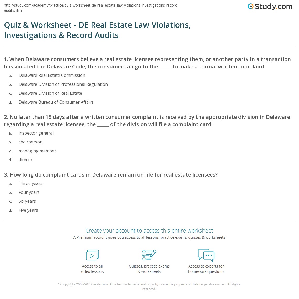 Quiz & Worksheet - DE Real Estate Law Violations, Investigations ...
