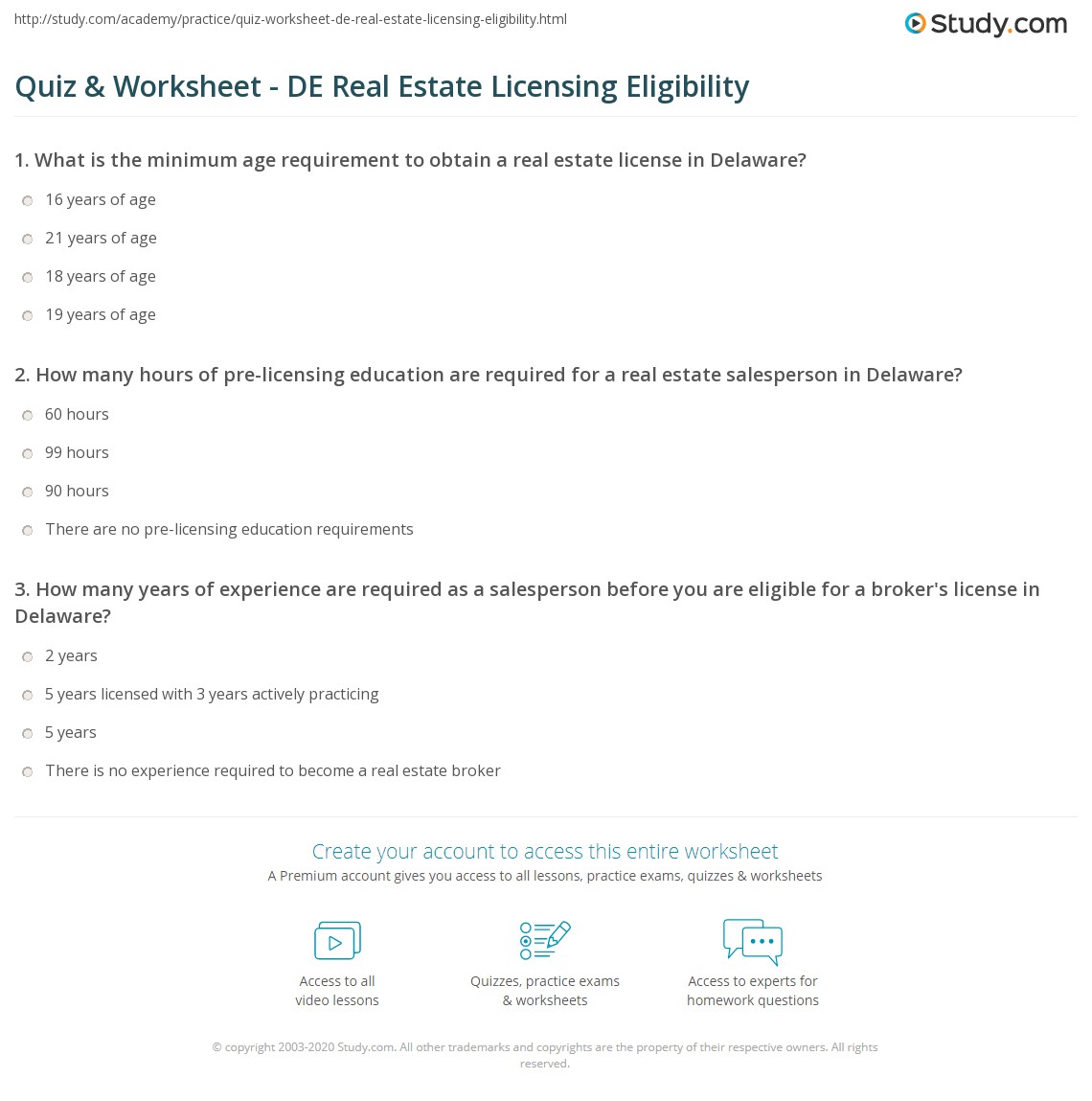 Quiz & Worksheet - DE Real Estate Licensing Eligibility | Study.com