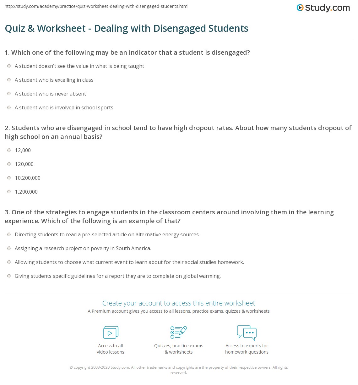 Quiz & Worksheet - Dealing with Disengaged Students | Study.com