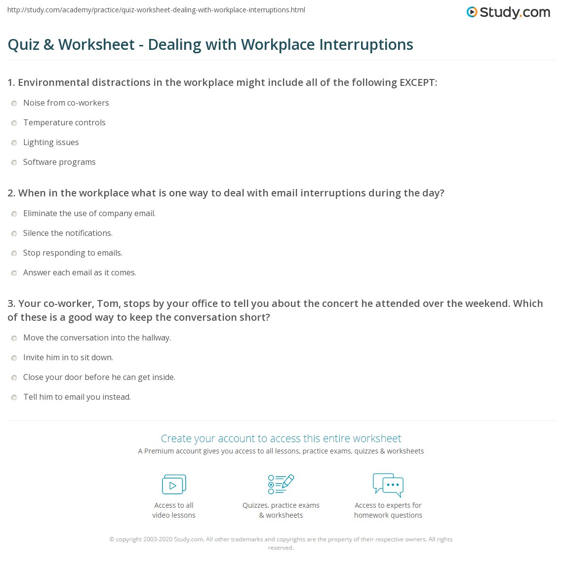 Quiz & Worksheet - Dealing with Workplace Interruptions | Study.com