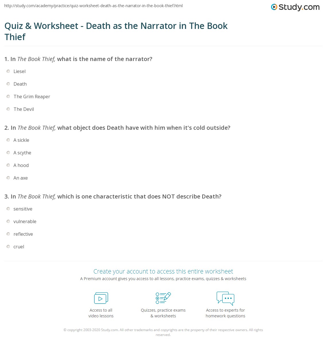 Quiz & Worksheet - Death as the Narrator in The Book Thief | Study.com