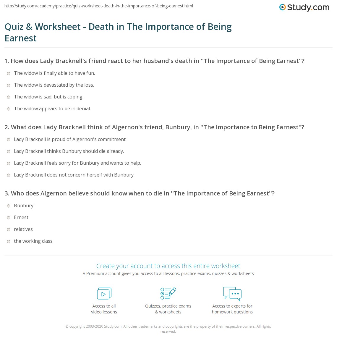 Quiz & Worksheet - Death in The Importance of Being Earnest | Study.com
