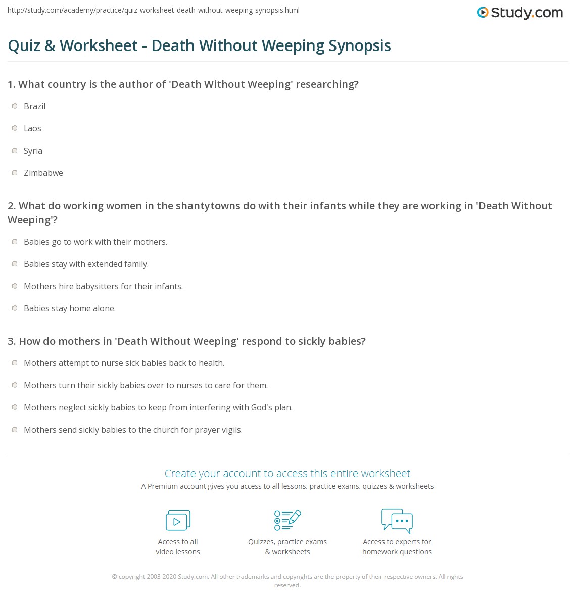 Quiz & Worksheet - Death Without Weeping Synopsis | Study.com