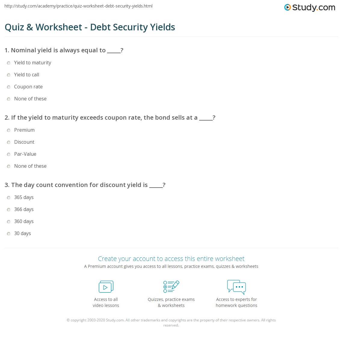 Quiz & Worksheet - Debt Security Yields | Study.com