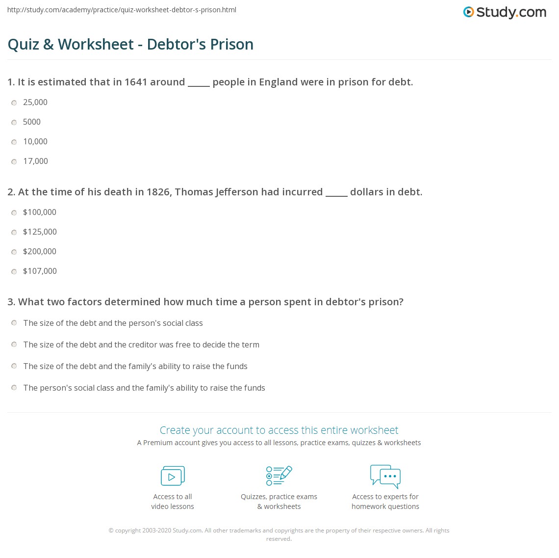Quiz & Worksheet - Debtor's Prison | Study.com