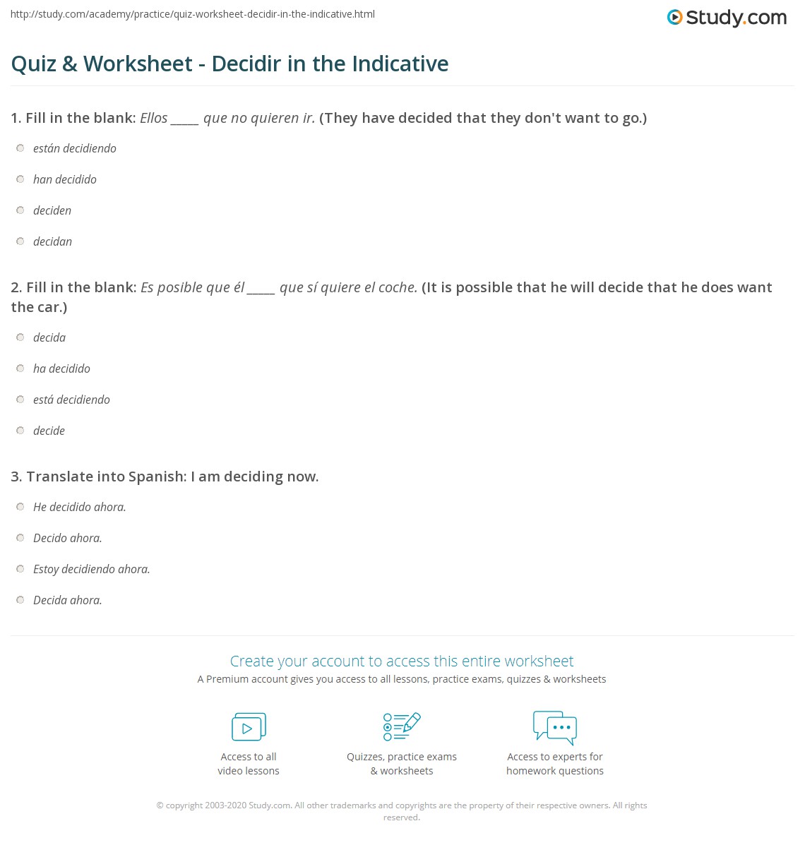 Quiz & Worksheet - Decidir in the Indicative | Study.com