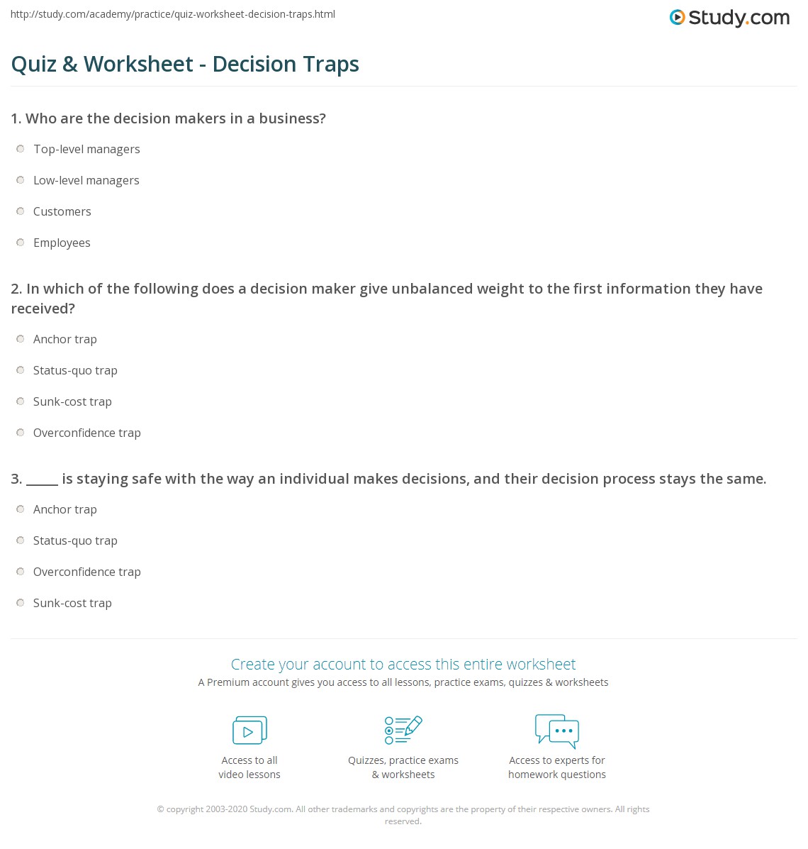 Quiz & Worksheet - Decision Traps | Study.com