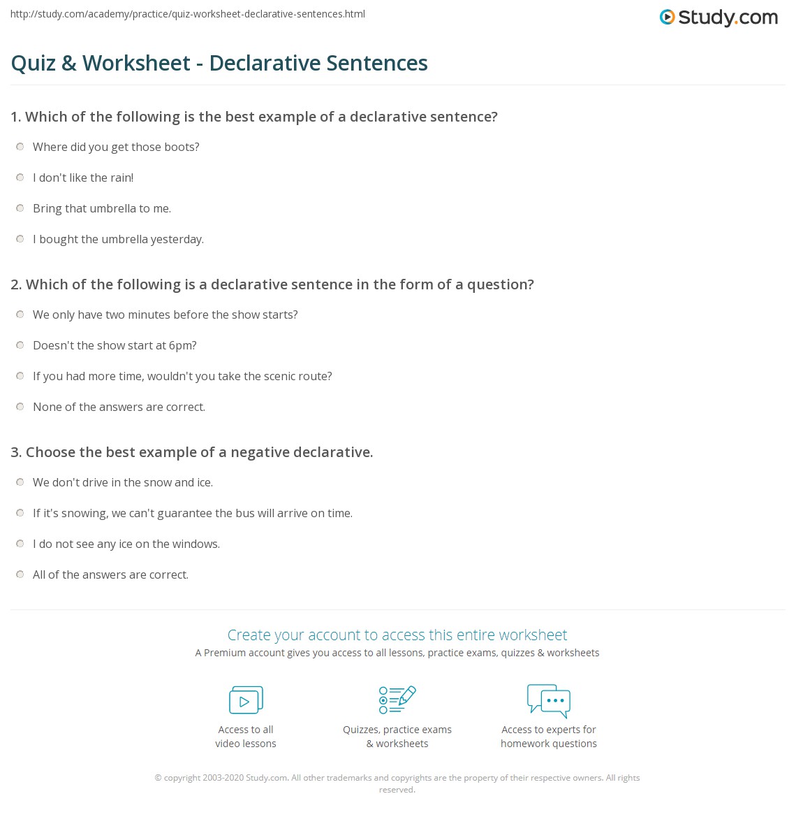 Declarative Sentence Worksheet Declarative Sentence Worksheet