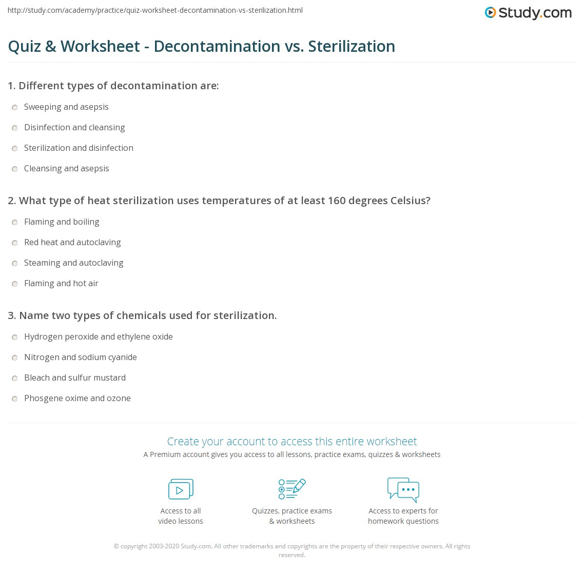 Quiz & Worksheet - Decontamination vs. Sterilization | Study.com