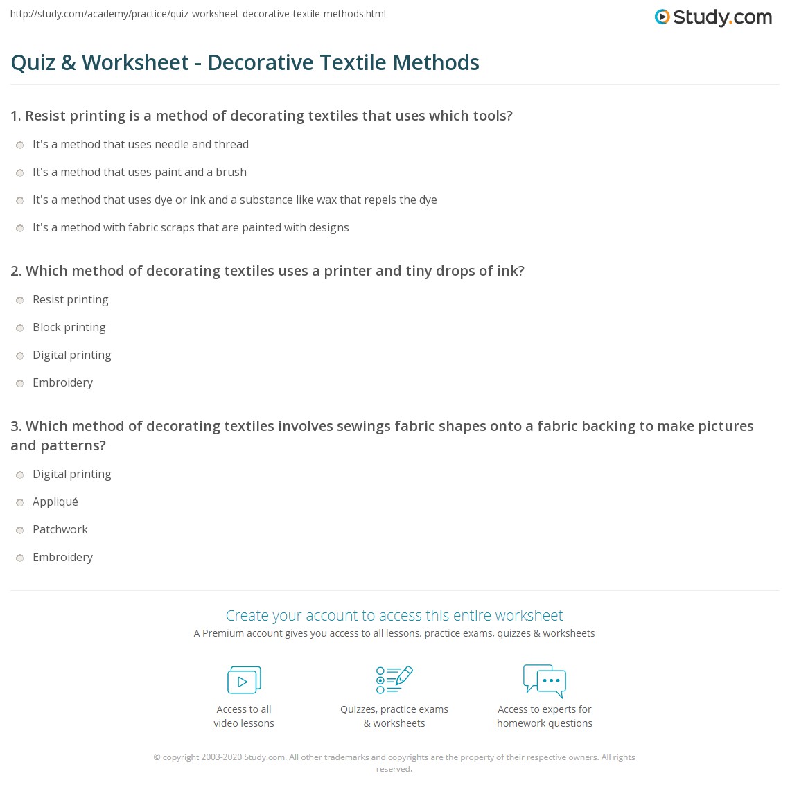 Quiz & Worksheet - Decorative Textile Methods | Study.com
