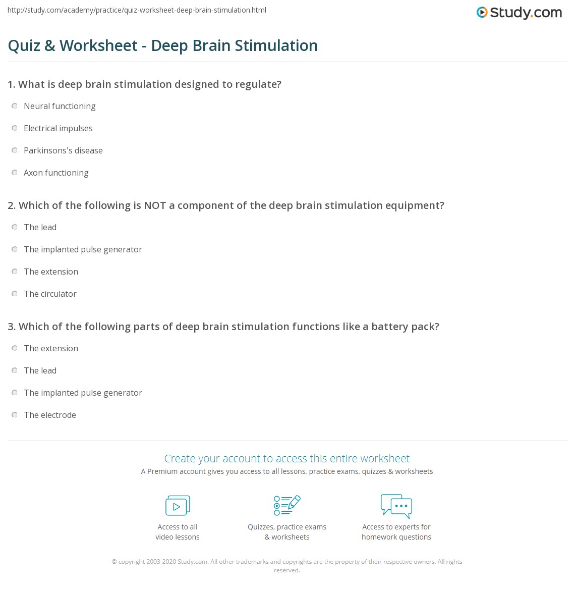 Quiz & Worksheet - Deep Brain Stimulation | Study.com
