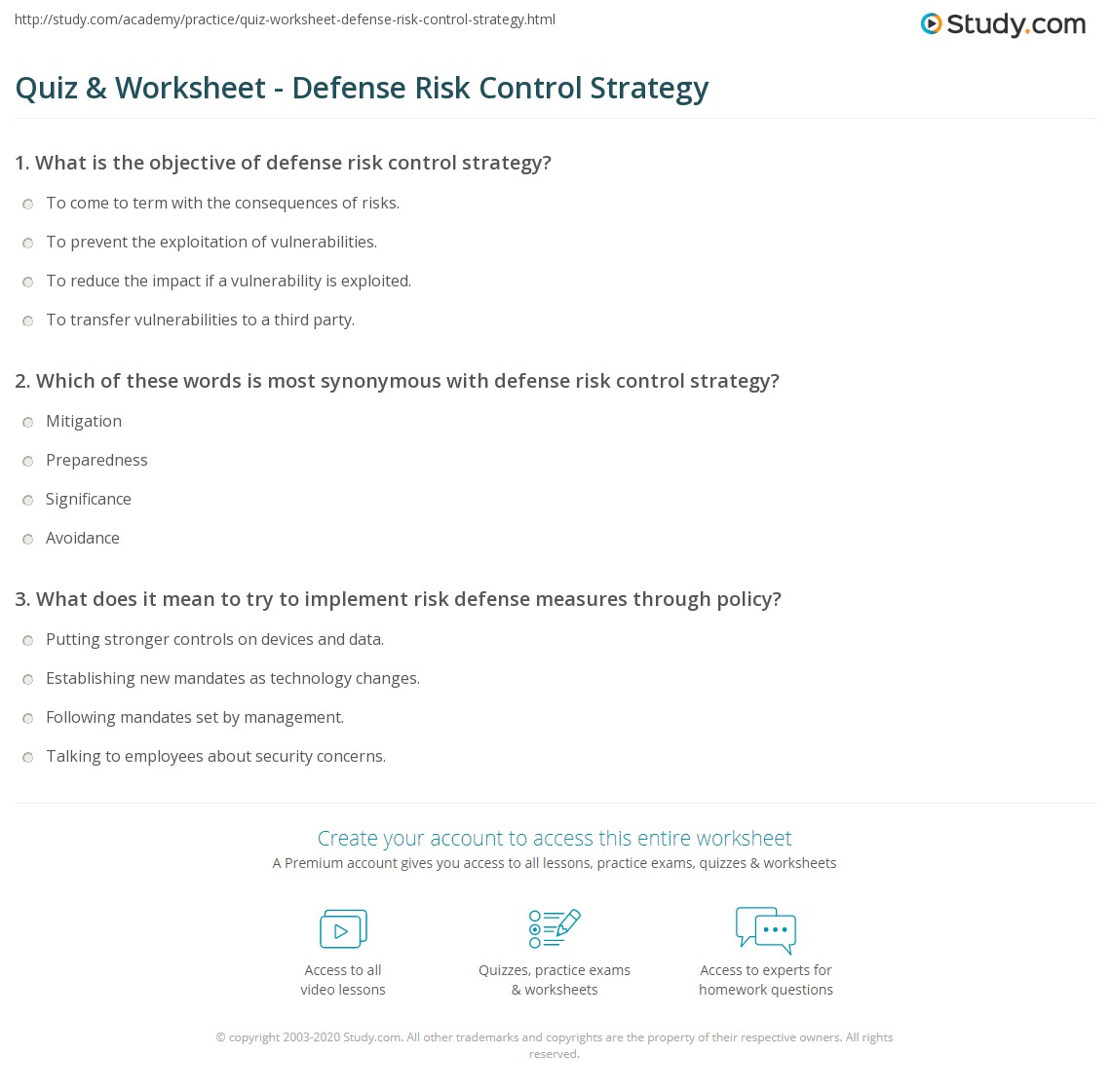 Quiz & Worksheet - Defense Risk Control Strategy | Study.com