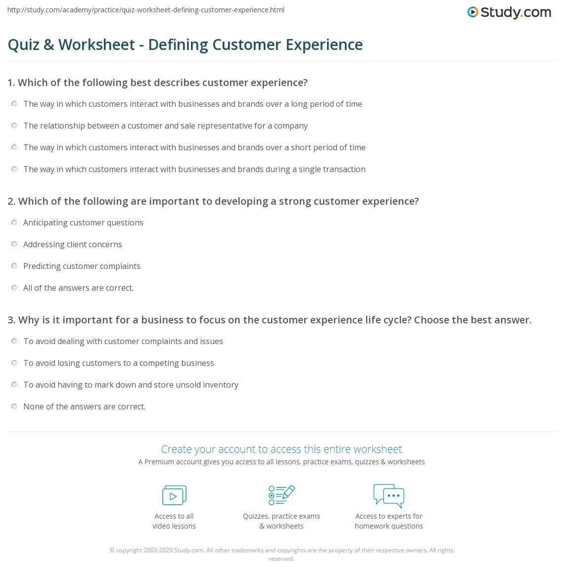 Quiz & Worksheet - Defining Customer Experience | Study.com