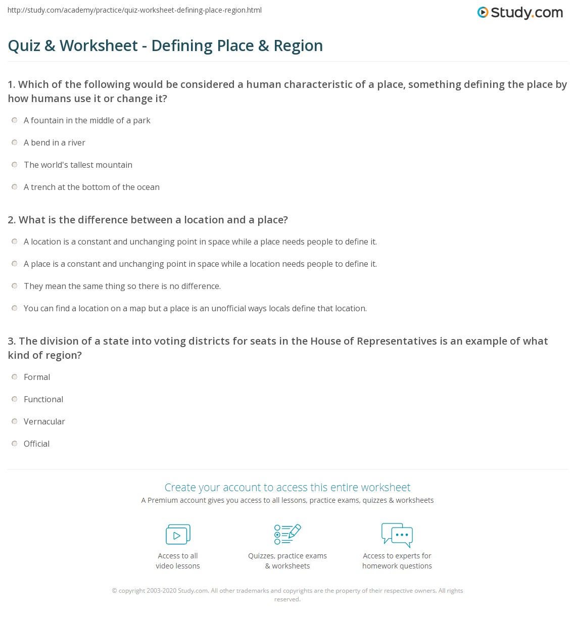 Quiz & Worksheet - Defining Place & Region | Study.com