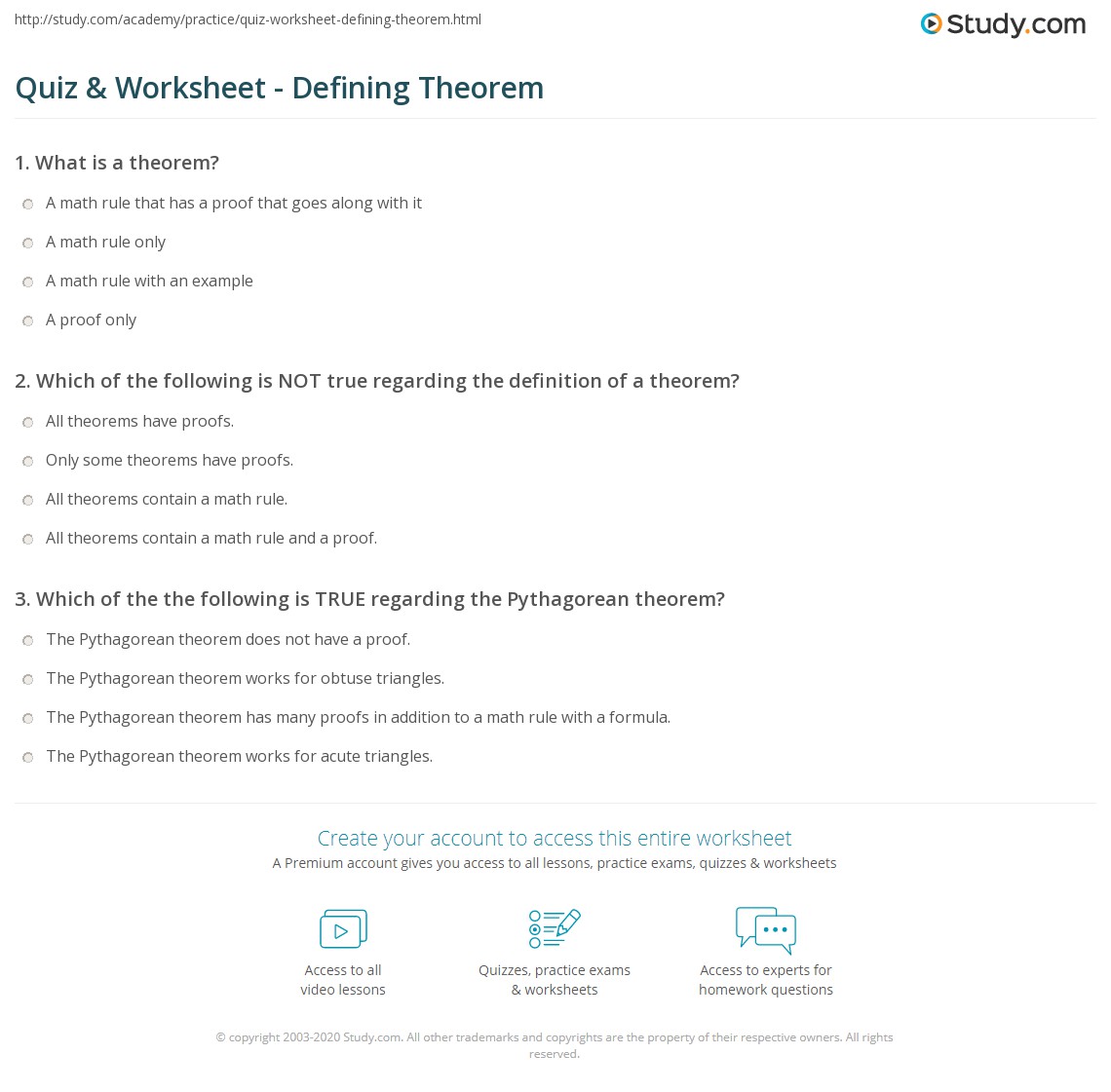 Quiz & Worksheet - Defining Theorem | Study.com