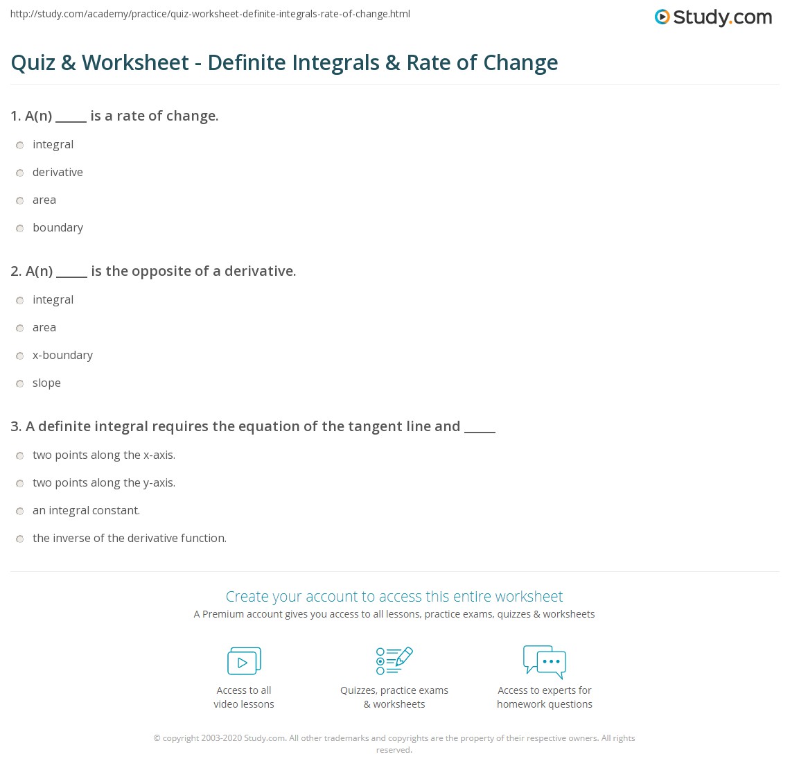 Quiz & Worksheet - Definite Integrals & Rate of Change | Study.com