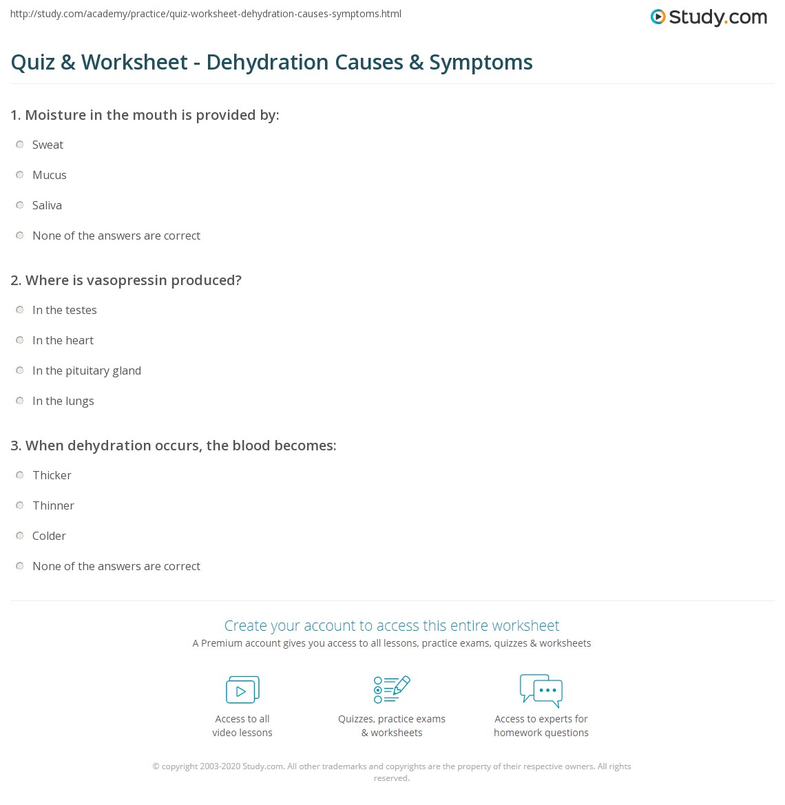 Quiz & Worksheet - Dehydration Causes & Symptoms | Study.com