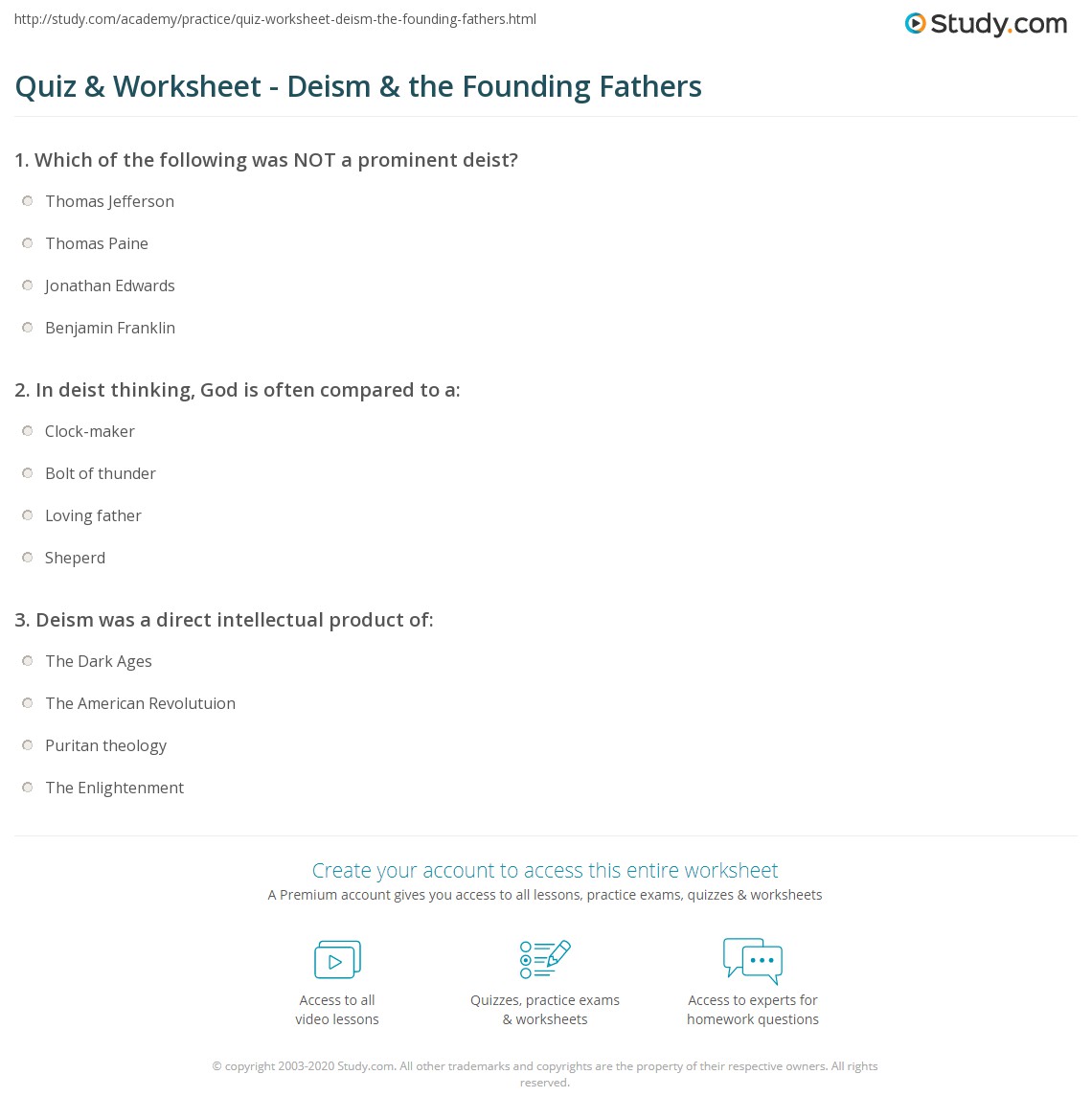 Quiz & Worksheet - Deism & the Founding Fathers | Study.com
