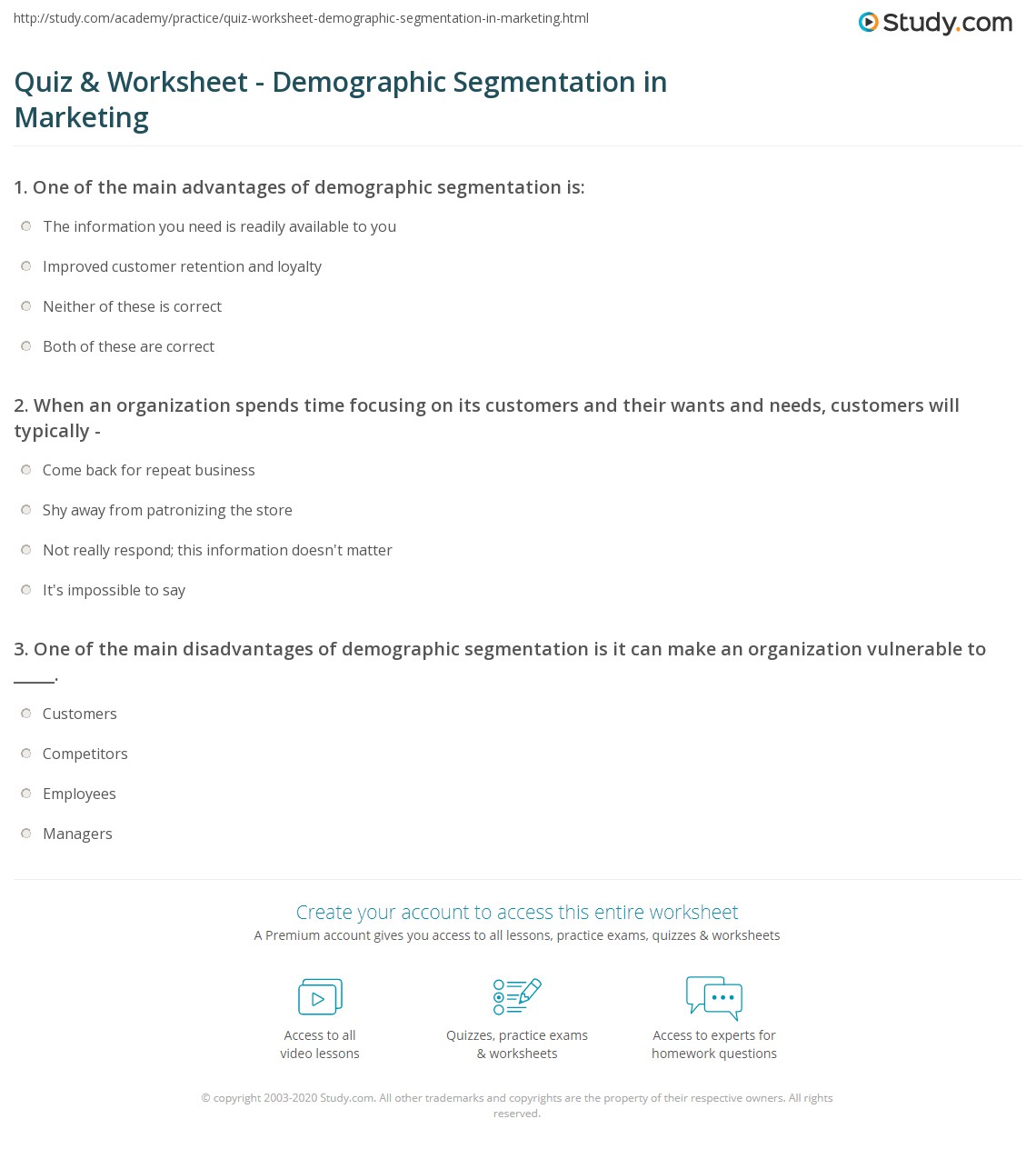Quiz & Worksheet - Demographic Segmentation in Marketing | Study.com