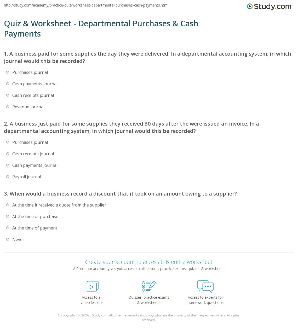 Quiz & Worksheet - Departmental Purchases & Cash Payments | Study.com