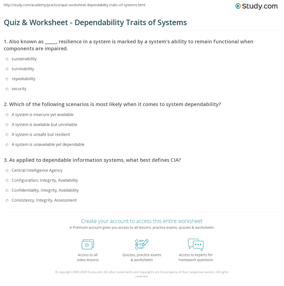 Quiz & Worksheet - Dependability Traits of Systems | Study.com