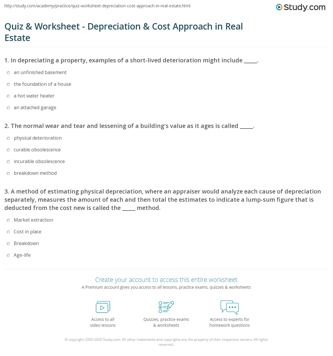 Quiz & Worksheet - Depreciation & Cost Approach in Real Estate | Study.com