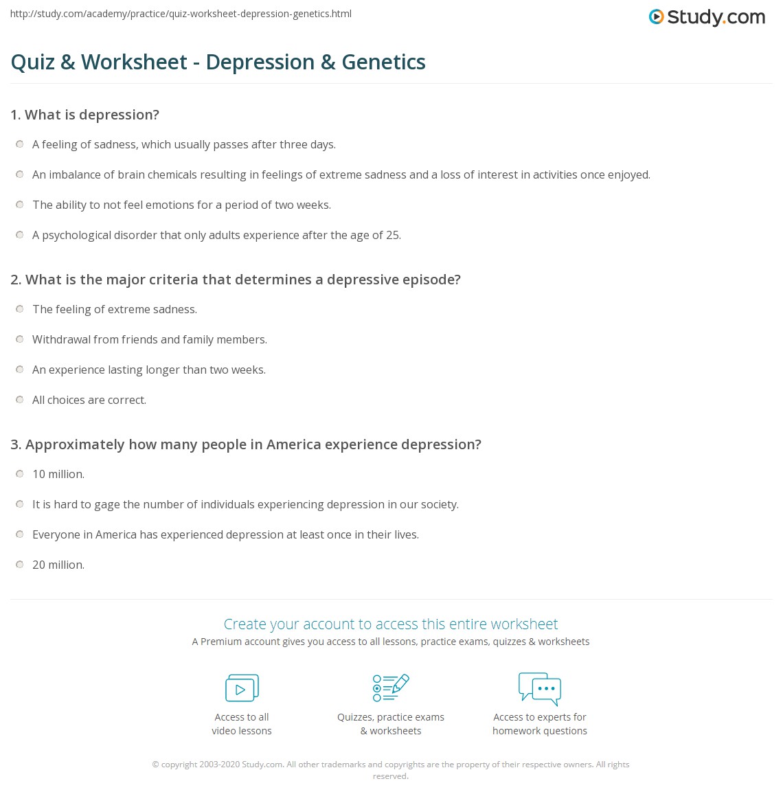 Quiz & Worksheet - Depression & Genetics | Study.com