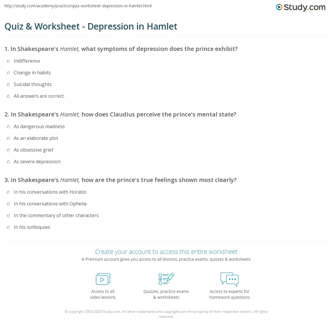 Quiz & Worksheet - Depression in Hamlet | Study.com