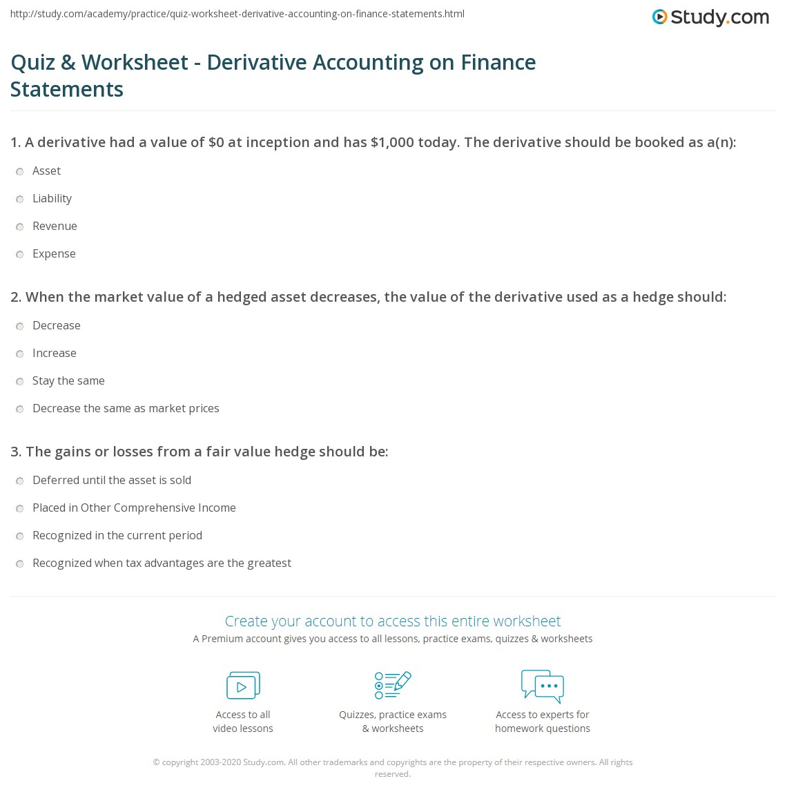 Quiz & Worksheet - Derivative Accounting on Finance Statements | Study.com