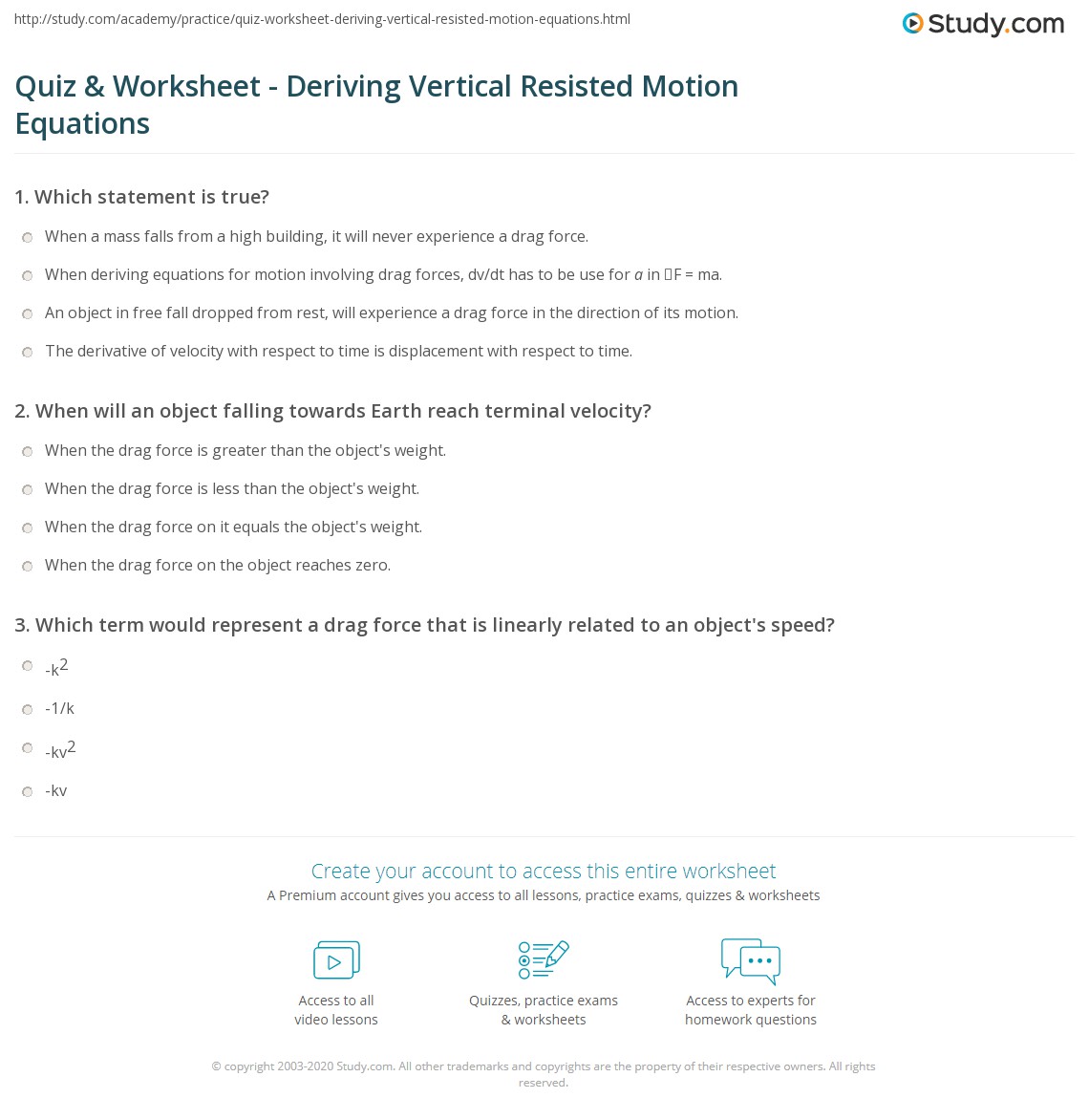 Quiz & Worksheet - Deriving Vertical Resisted Motion Equations | Study.com