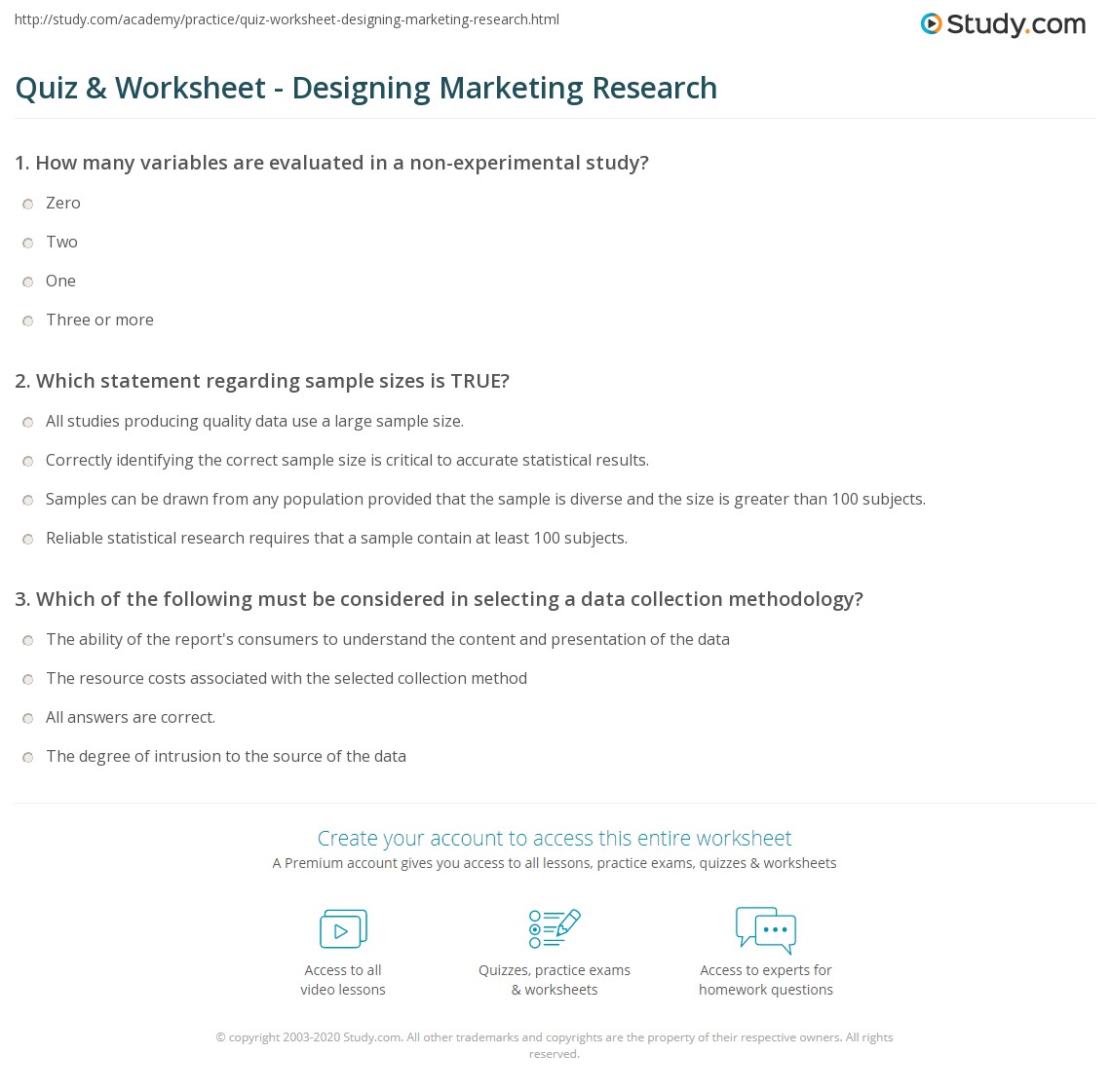 Quiz & Worksheet - Designing Marketing Research | Study.com