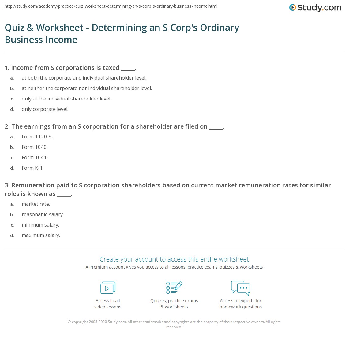 Quiz & Worksheet - Determining an S Corp's Ordinary Business Income ...