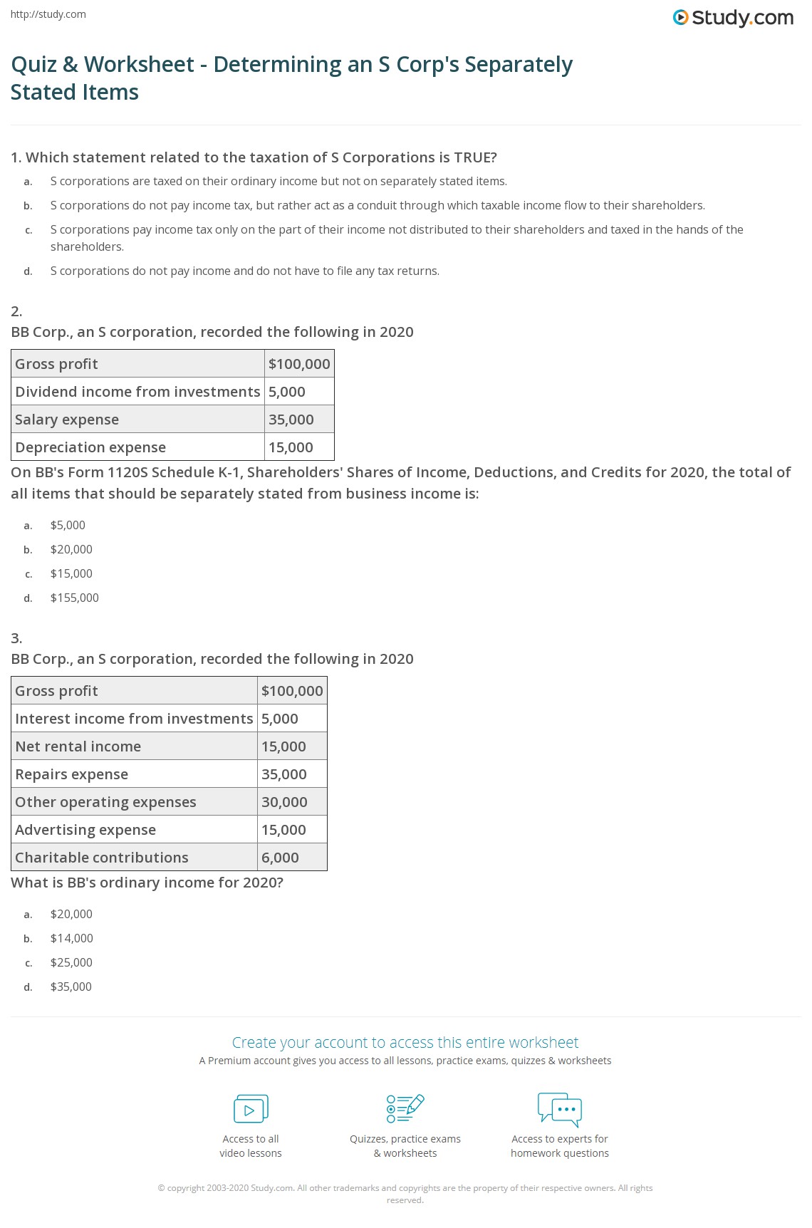 Quiz & Worksheet - Determining an S Corp's Separately Stated Items ...