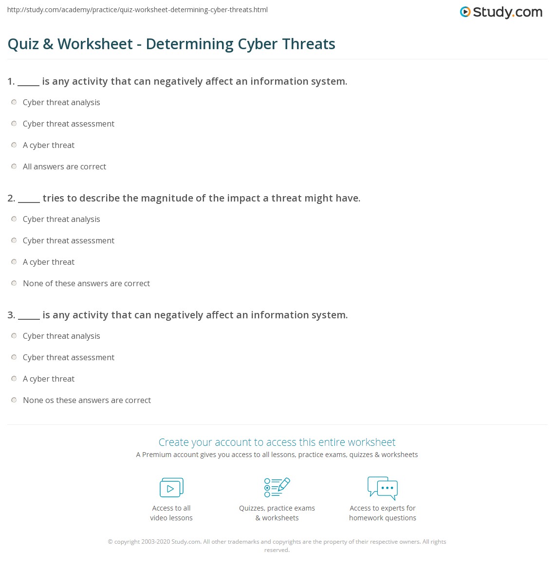 Quiz & Worksheet - Determining Cyber Threats | Study.com