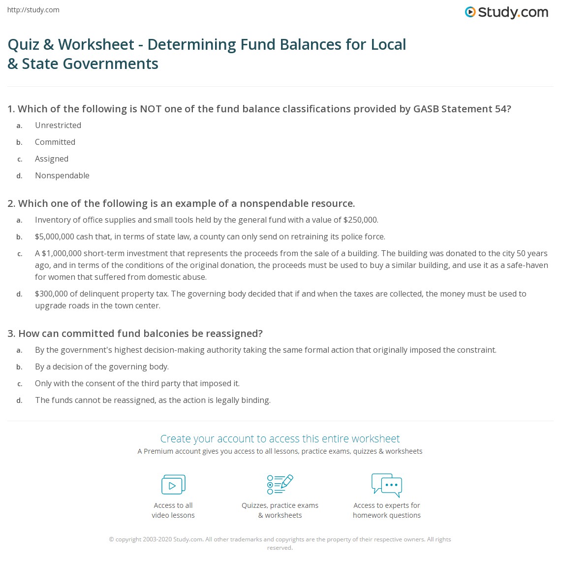 Quiz & Worksheet - Determining Fund Balances for Local & State ...