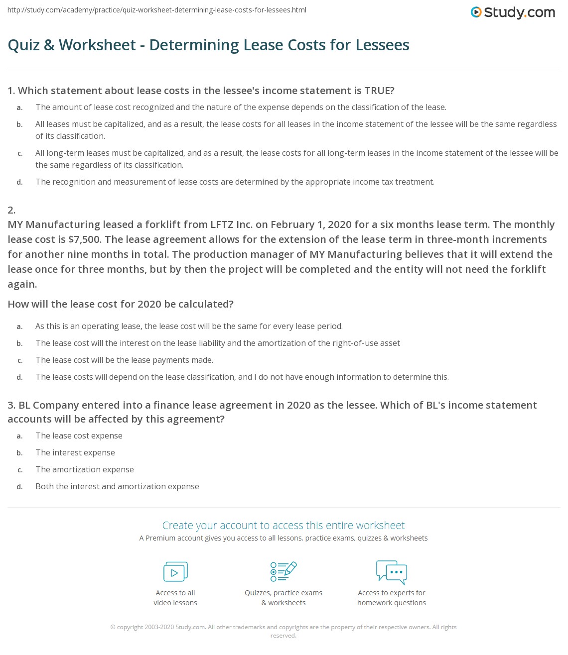 Quiz & Worksheet - Determining Lease Costs for Lessees | Study.com