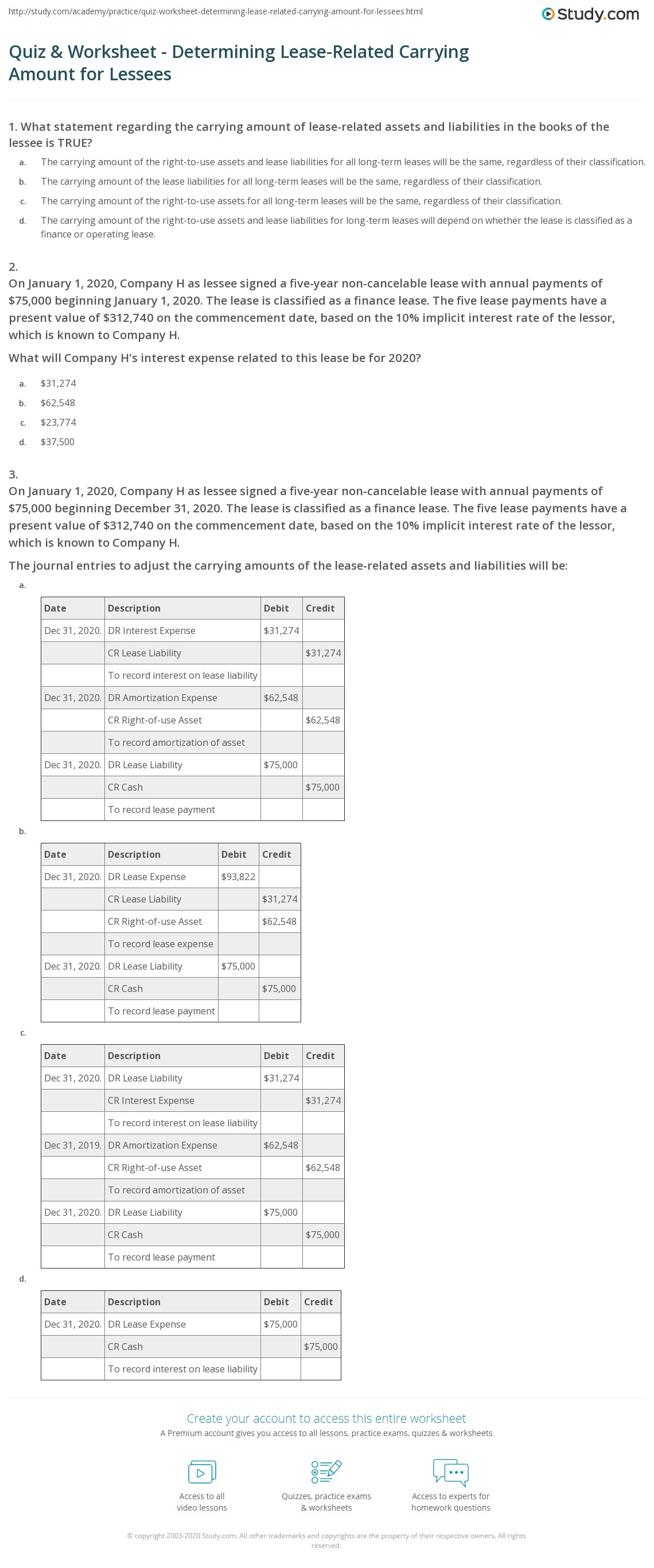 Quiz & Worksheet - Determining Lease-Related Carrying Amount for ...