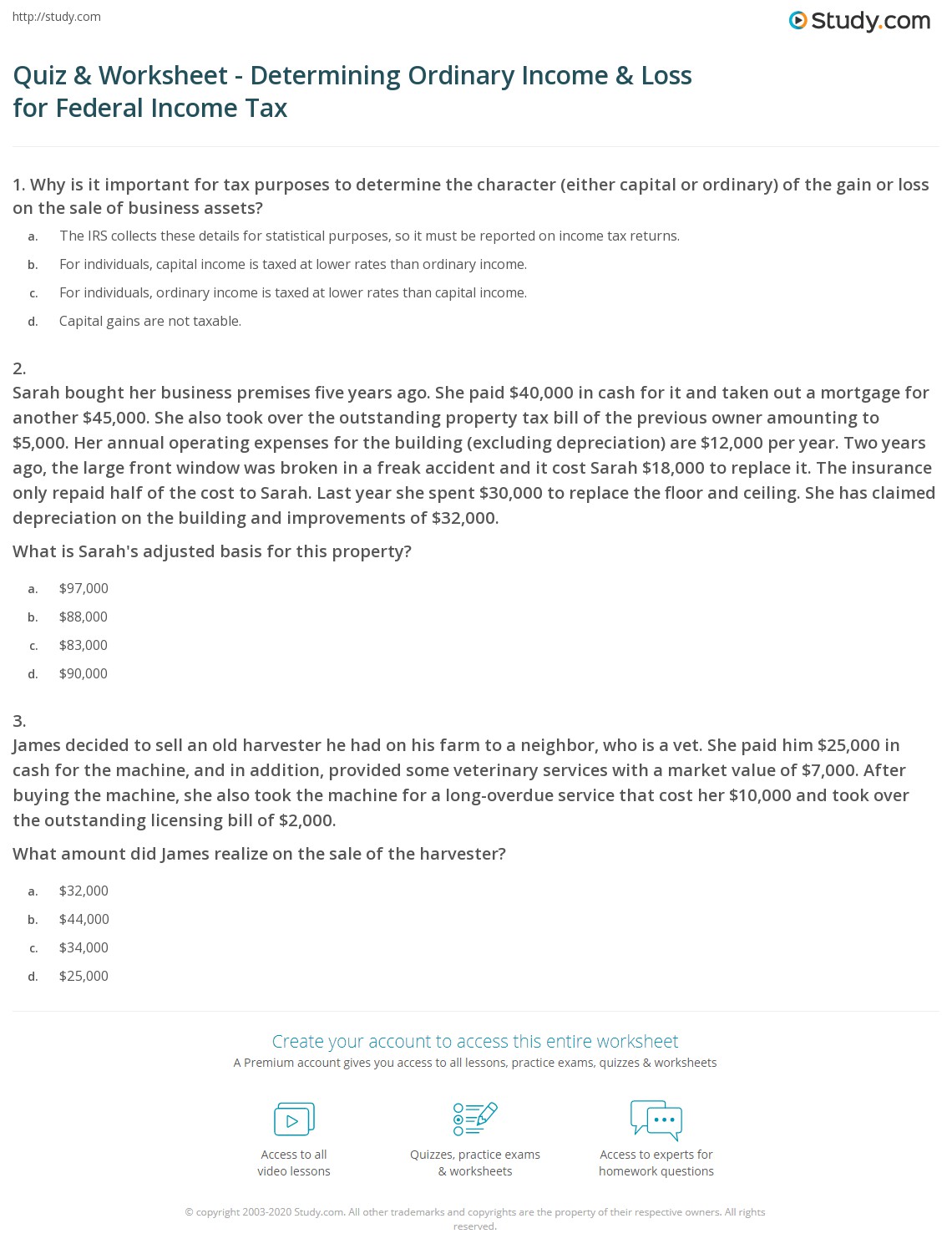 Quiz & Worksheet - Determining Ordinary Income & Loss for Federal ...