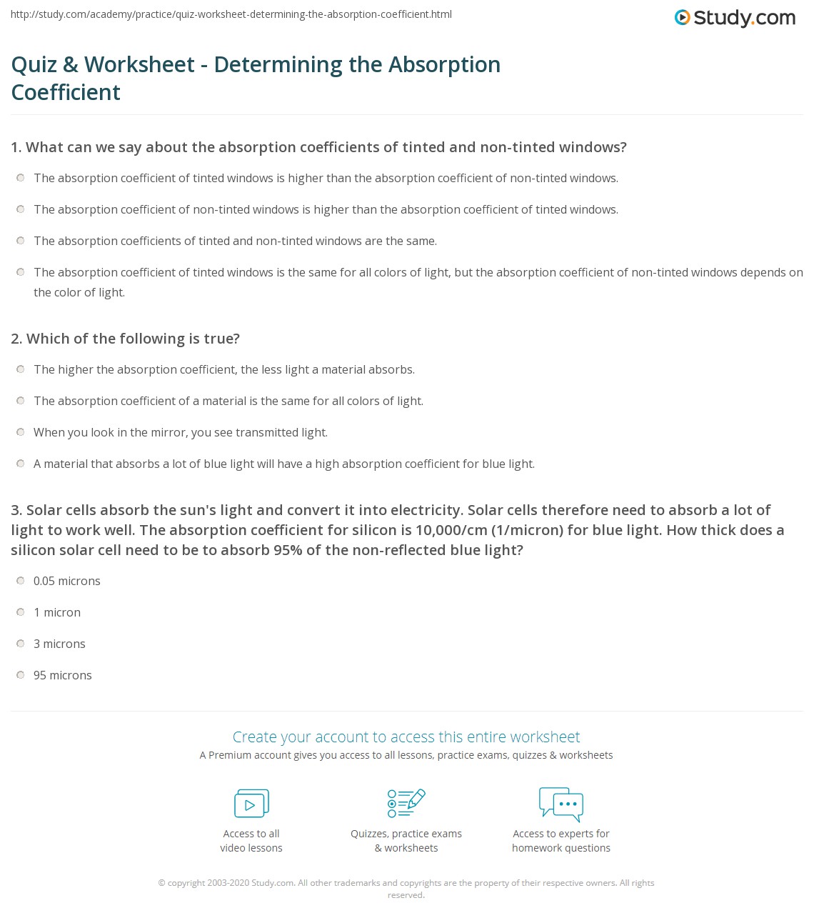Quiz & Worksheet - Determining the Absorption Coefficient | Study.com