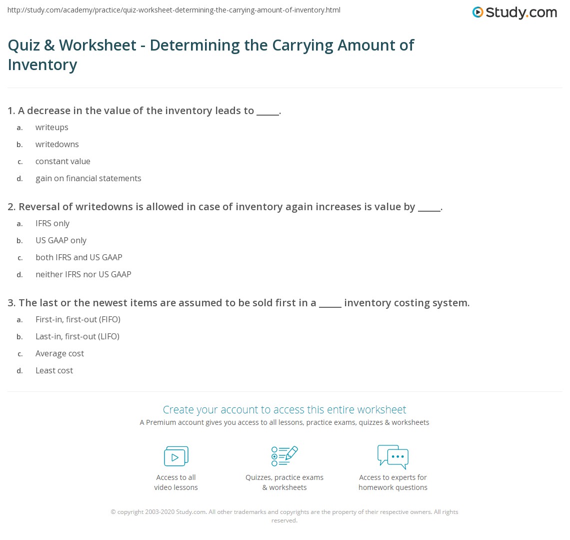 Quiz & Worksheet - Determining the Carrying Amount of Inventory | Study.com