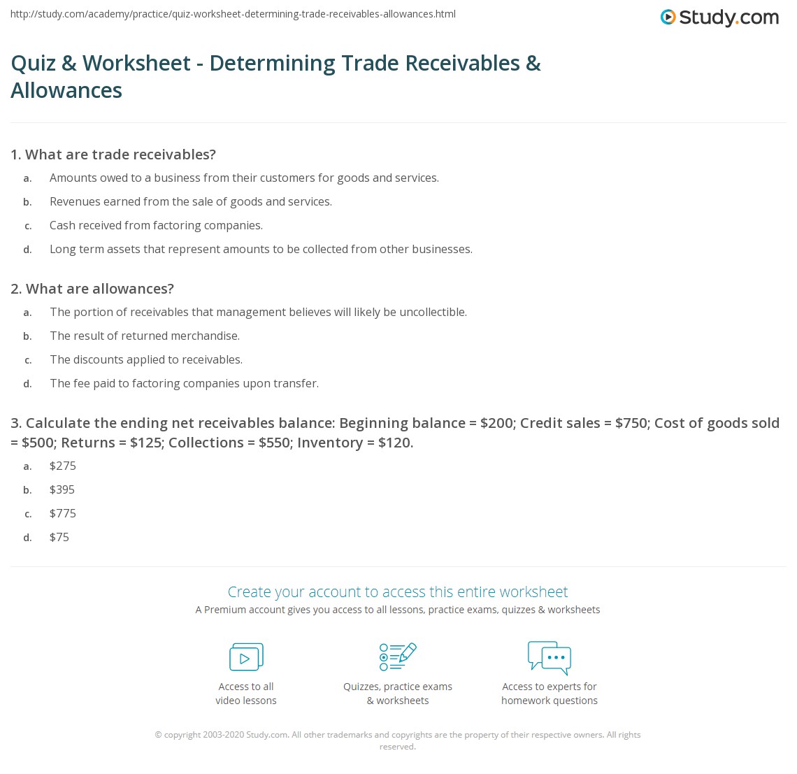Quiz & Worksheet - Determining Trade Receivables & Allowances | Study.com