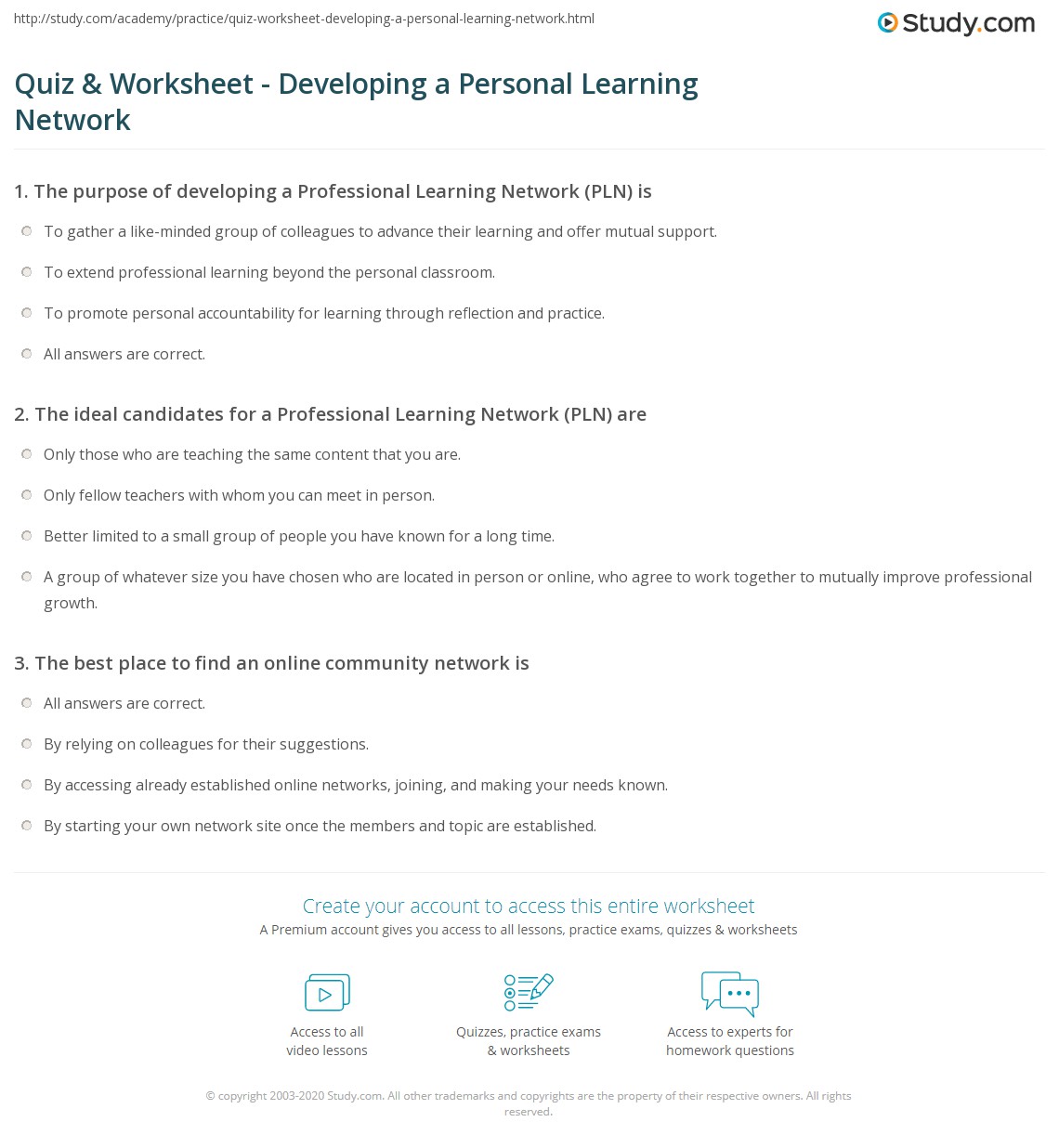 Quiz & Worksheet - Developing a Personal Learning Network | Study.com