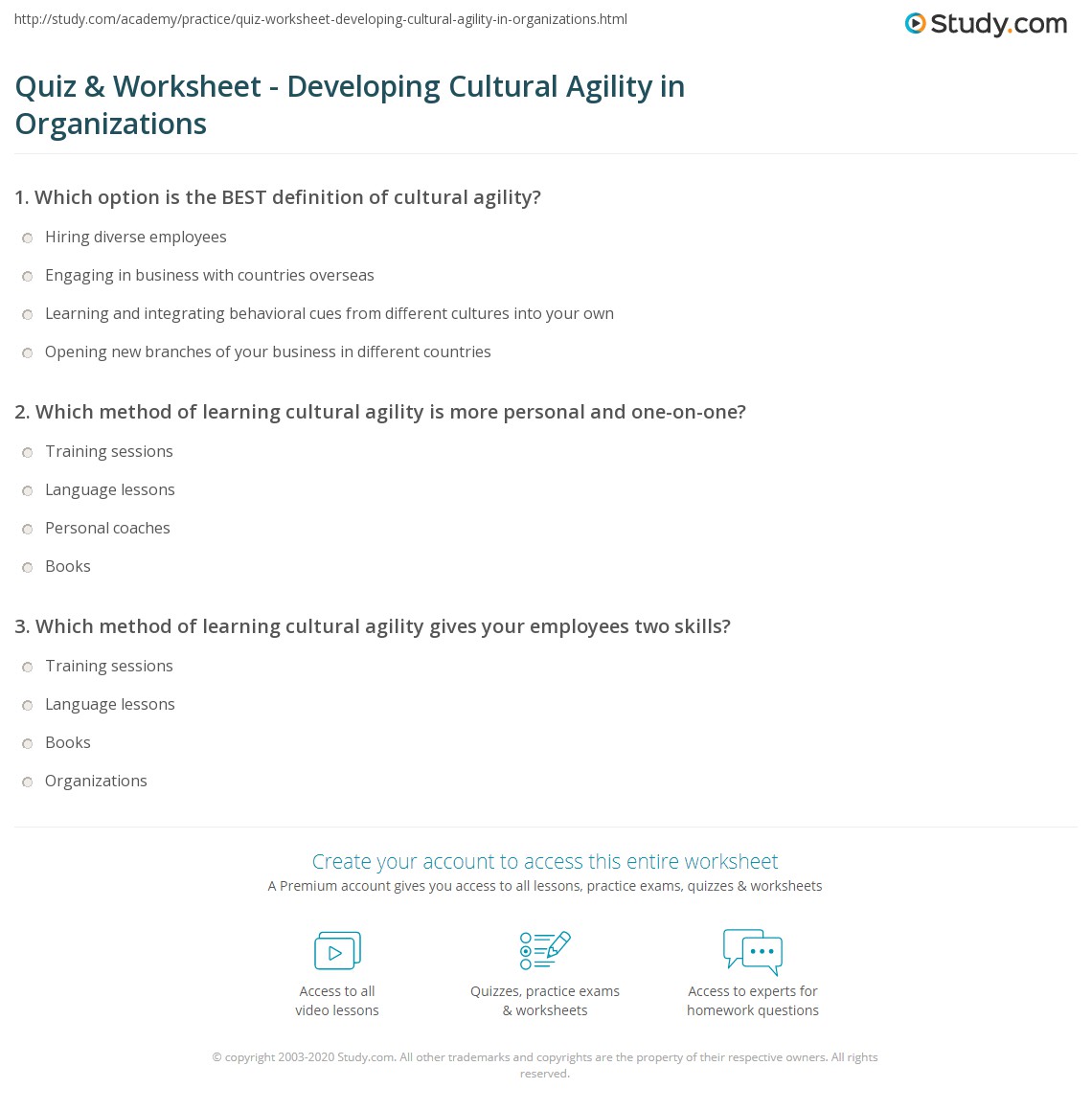 Quiz & Worksheet - Developing Cultural Agility in Organizations | Study.com