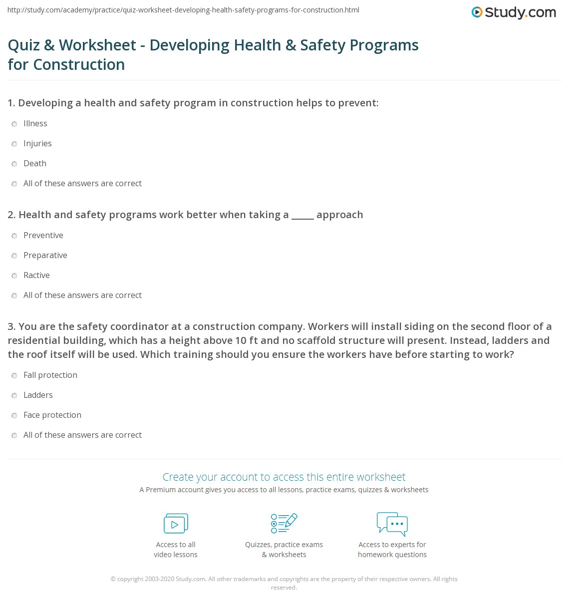 Quiz & Worksheet - Developing Health & Safety Programs for Construction ...